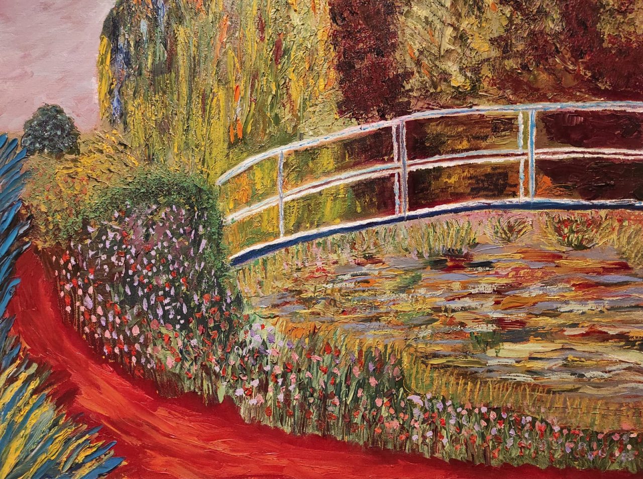 Post Monet Oil Painting Bridge Over Lily Pond for Sale by Irish Artist